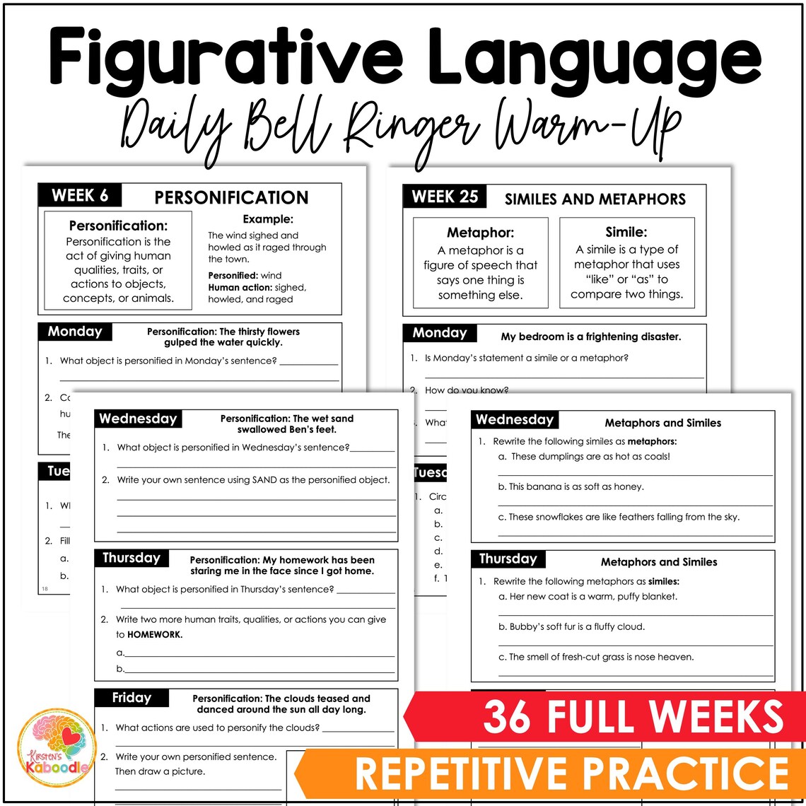 Figurative Language Activities: Daily Warm-up Bell Ringer Journal (bite ...
