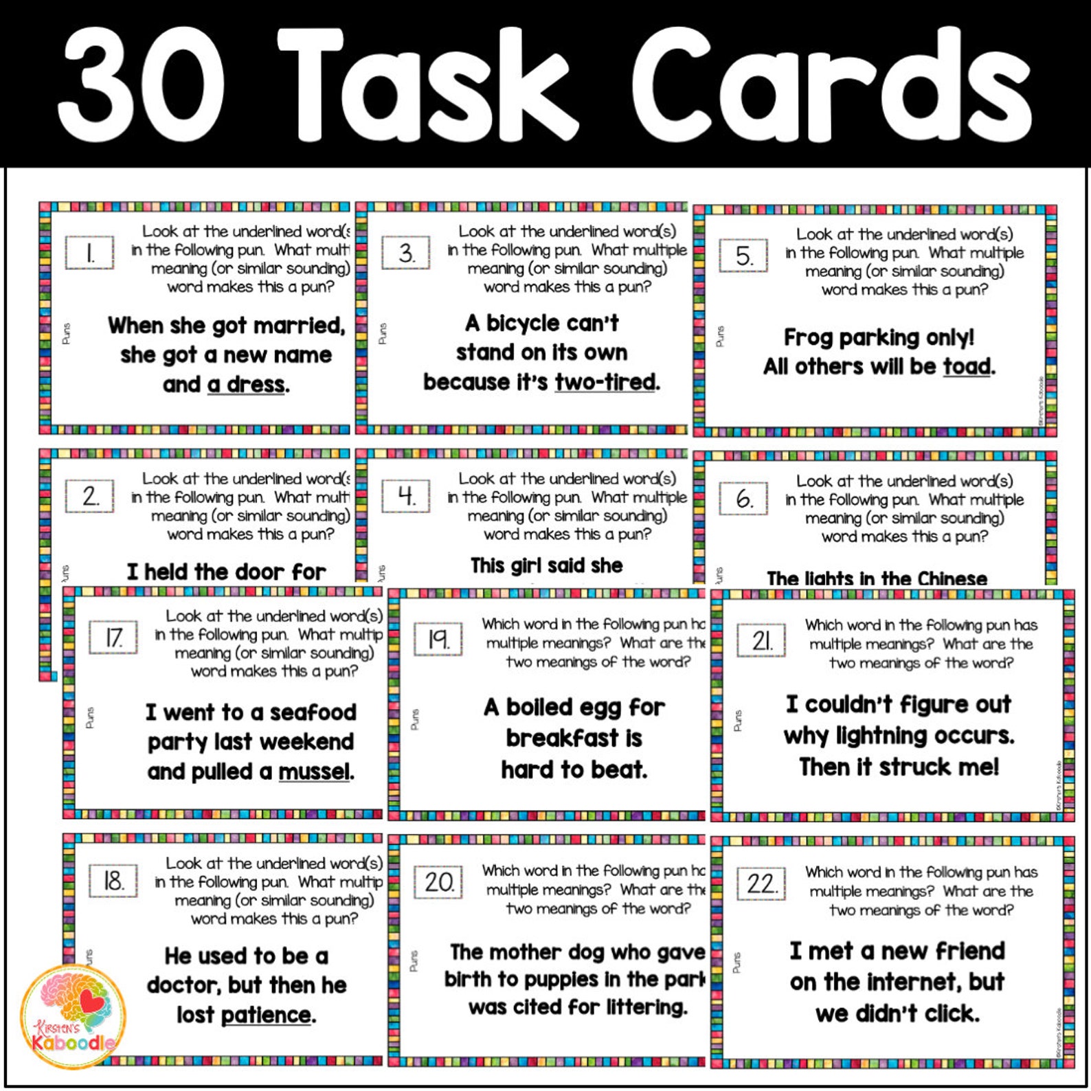 Puns Activities Task Cards, Worksheets, and Anchor Charts for Kids ...