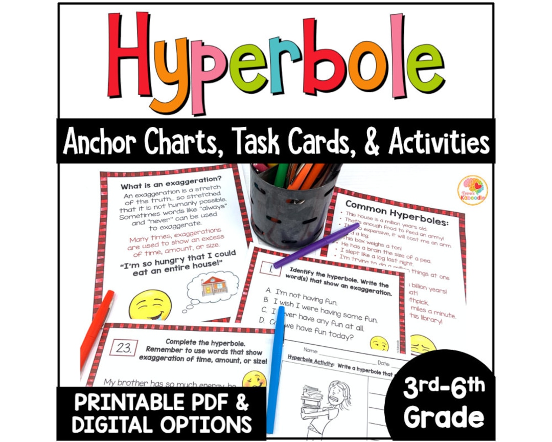 Hyperbole Activities: Worksheets, Task Cards, and Anchor Charts - Etsy