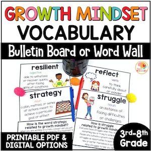 Growth Mindset Vocabulary for Bulletin Board, Word Wall, or Interactive ...