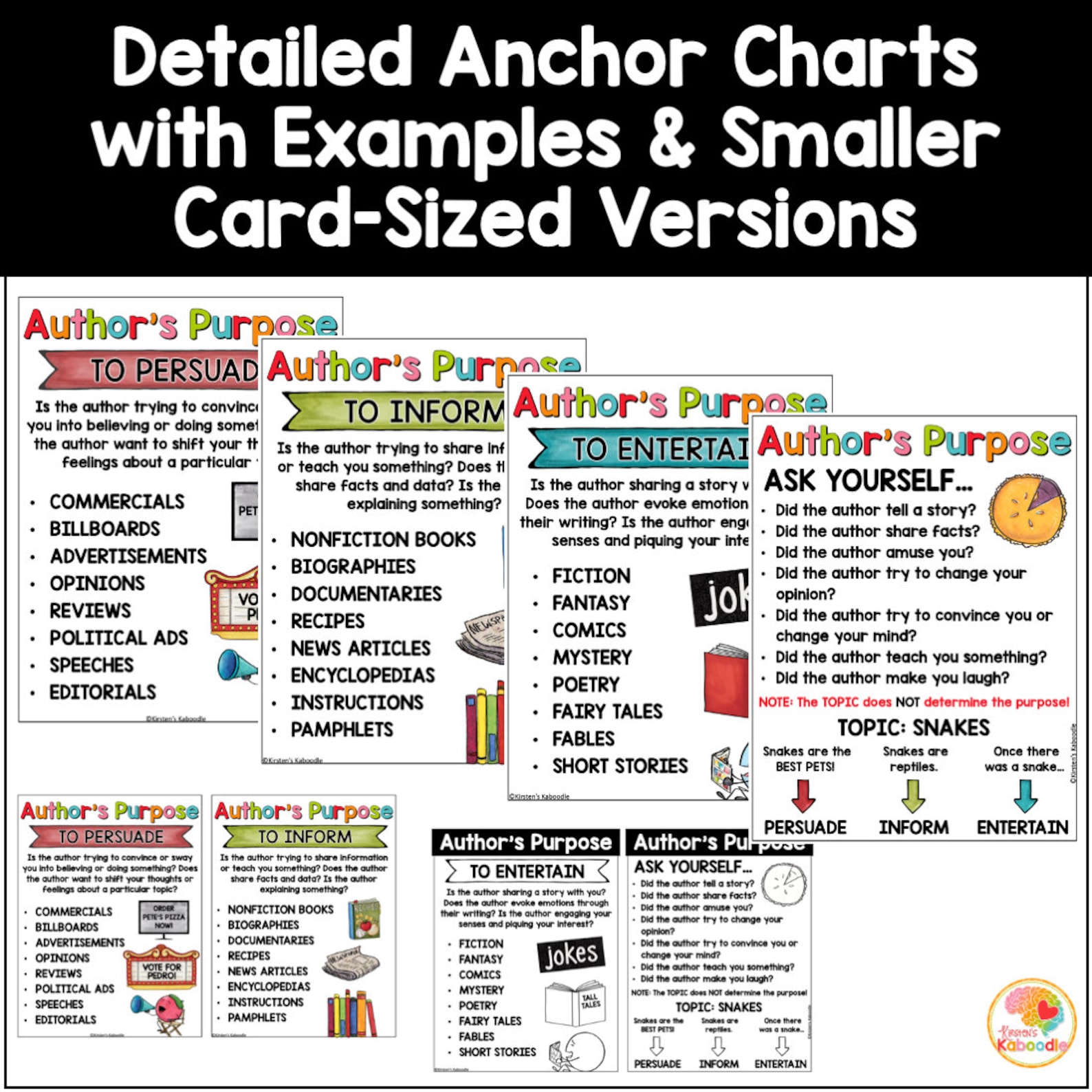 Author's Purpose Anchor Charts Posters, Reading Skills Reference Sheets ...