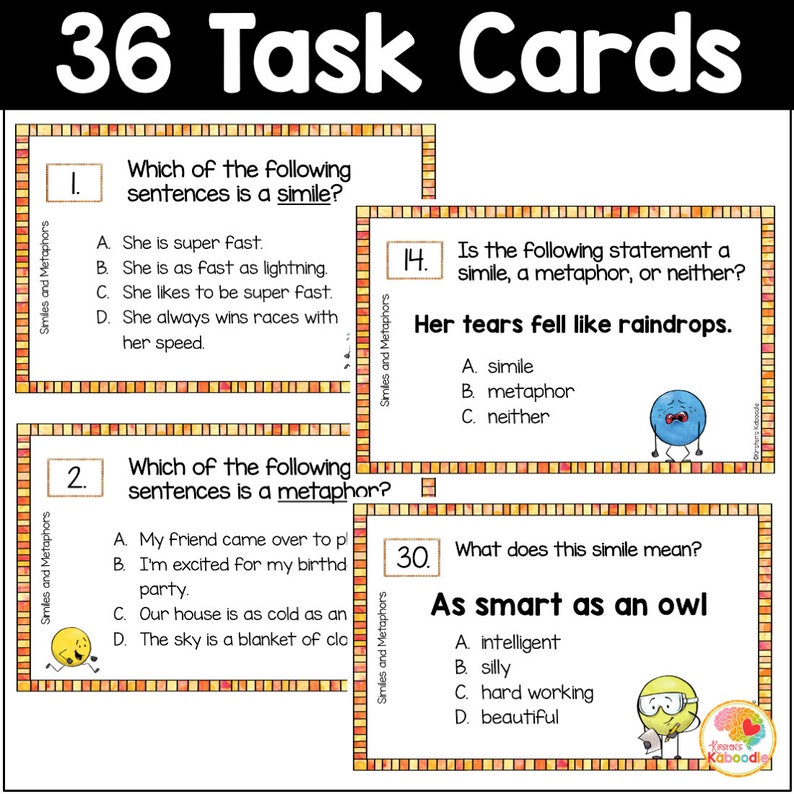 Similes and Metaphors: Posters, Task Cards, and Worksheets - Etsy