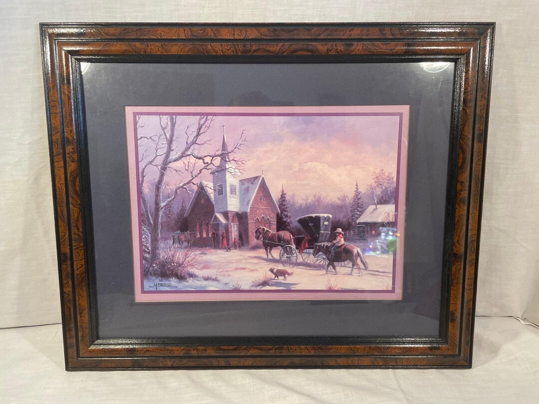 M. Caroselli Art Print Church Scene Horse Dog Snow 13 1/2 X 16 1/2 ...
