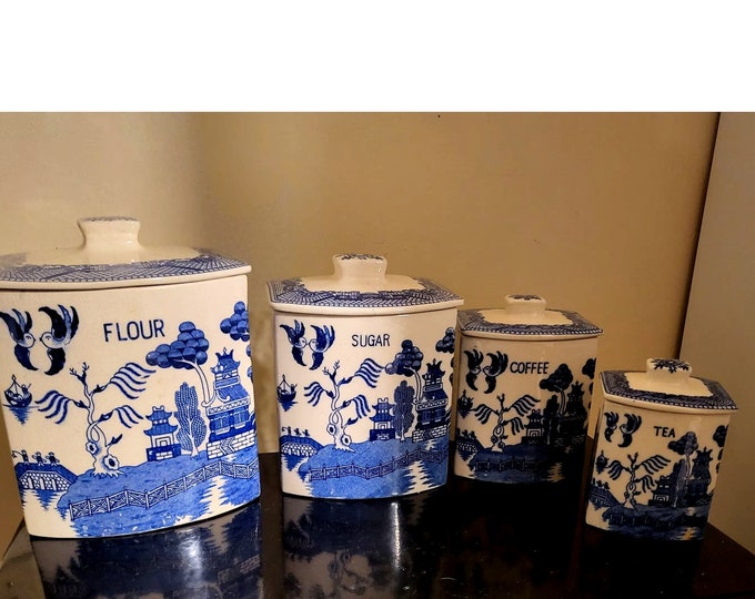 Vtg Square Blue Willow Canister Set Storage Jars W Lids Flour Sugar Tea ...