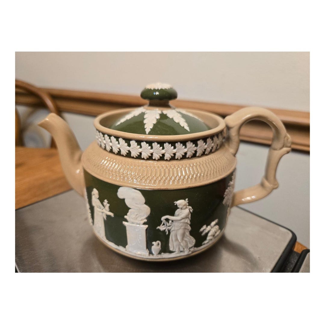 Antique England Spode Copeland Teapot Green Jasperware Grecian Scenes ...