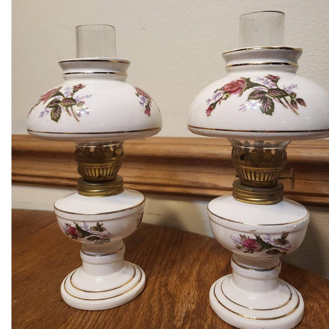 Pr Mini Kerosene Ceramic Rose Lamps W Matching Shades Japan - Etsy