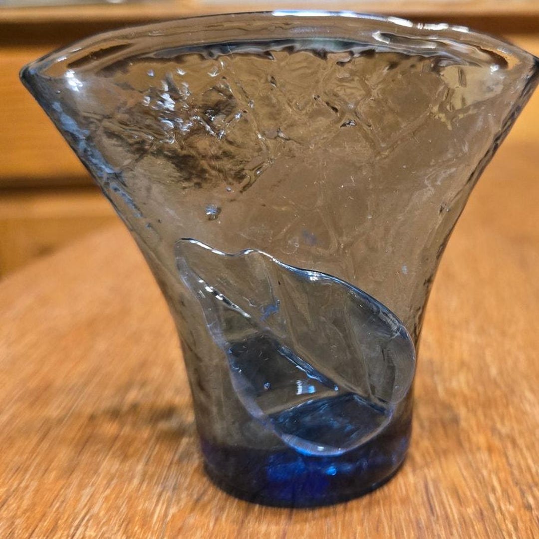 Blenko Mini Blue Fan Vase W Applied Leaf - Etsy