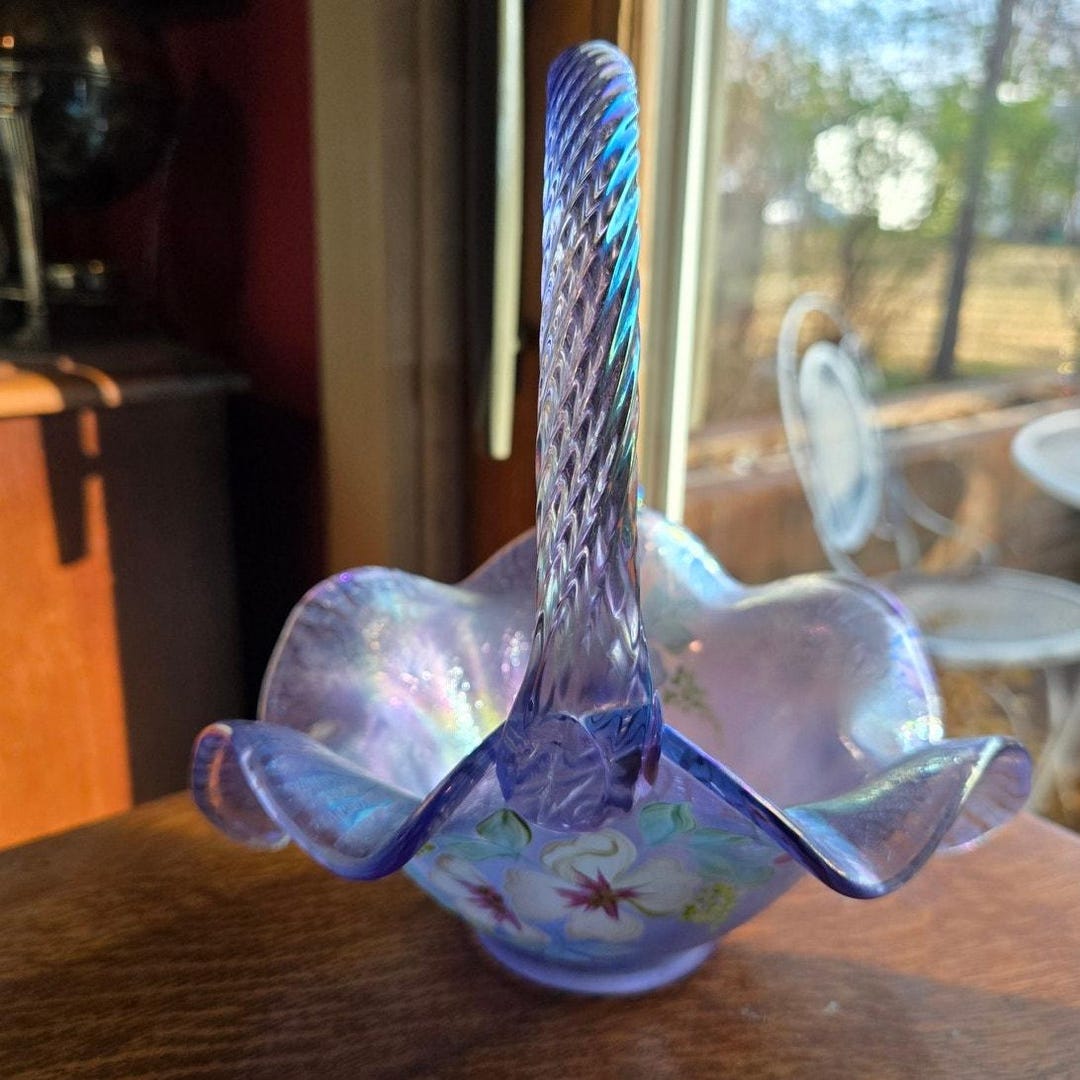 Fenton Art Glass Lavender Purple Iridescent Stretch Glasshand Painted ...
