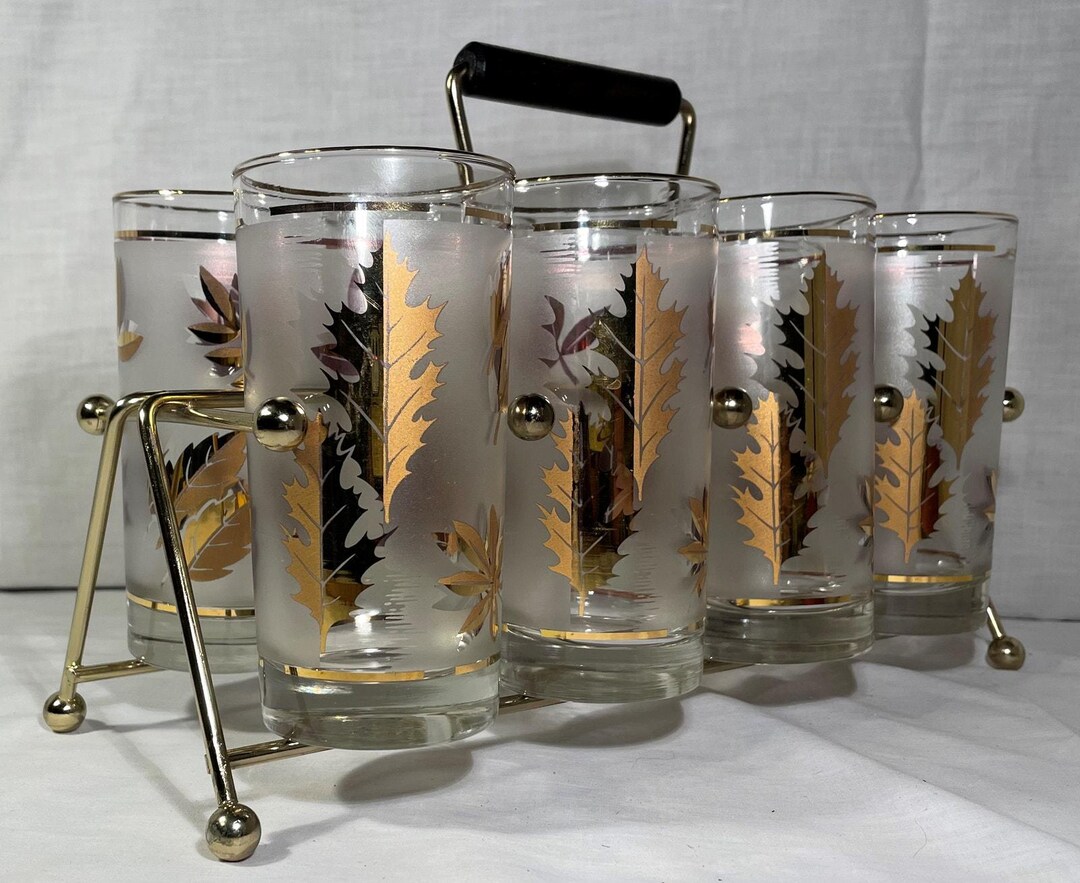 8 Amazing MCM Libbey Gold Leaf Glasses and Wood/brass Carrier Mid ...