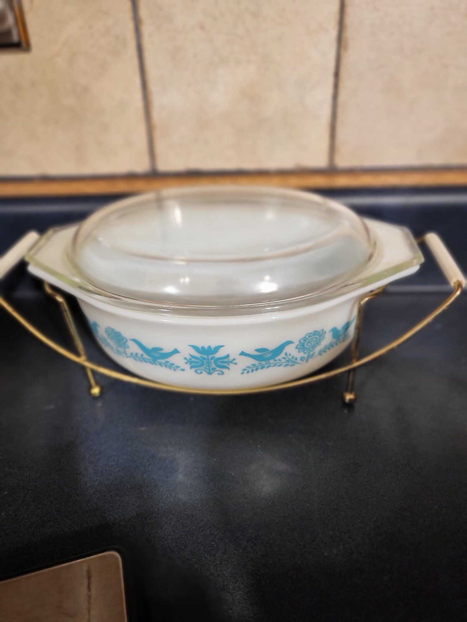 Pyrex Bluebird 1 1/2 Qt W Lid in Original Gold Tone Cradle - Etsy