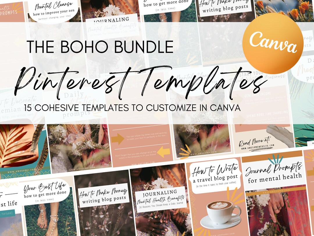 15 Pinterest Pin Templates- BOHO BUNDLE- Bohemian Design- Cohesive Set ...