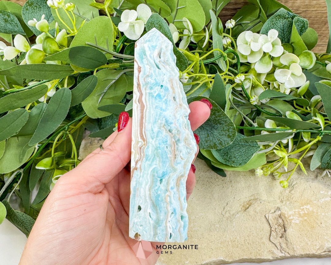 Caribbean Calcite Hemimorphite Tower No. 3 – 5.4″ Sliced & Druzy ...