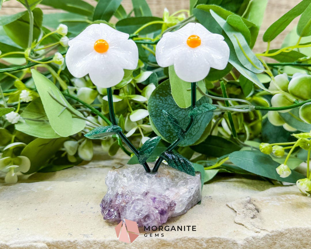Artisan Double Daisy Flower Crystal Sculpture - White Quartz & Raw ...