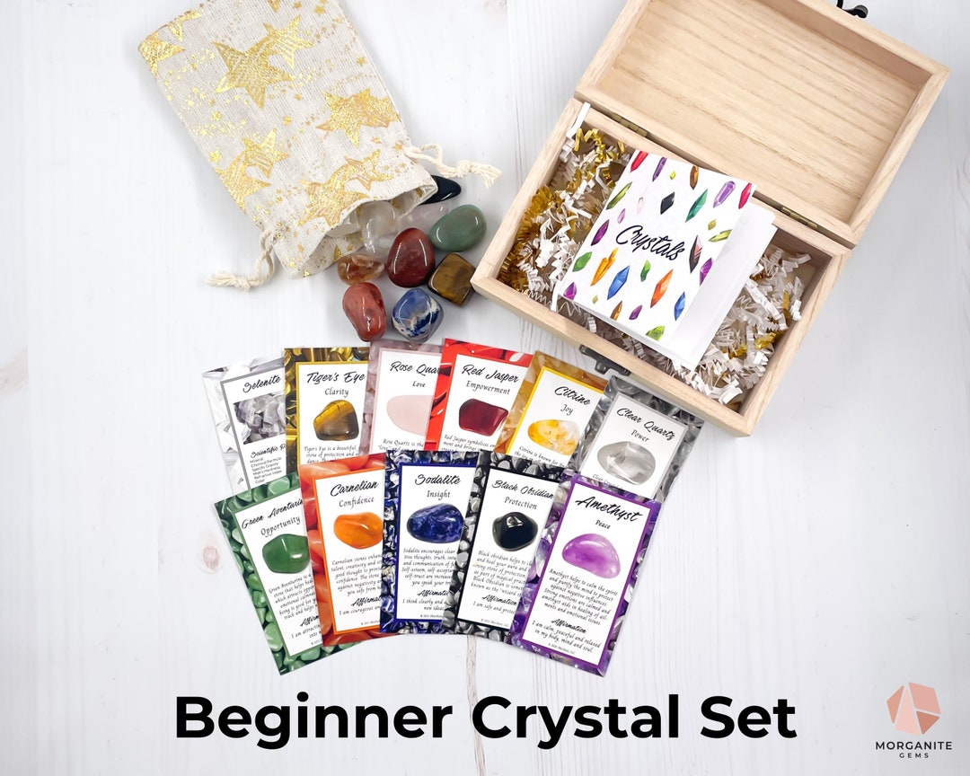 Beginner Crystal Set: 10 Healing Gemstones, Selenite & Info Cards - Etsy