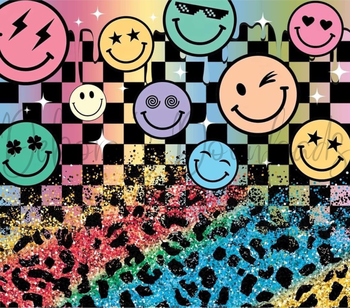 Smiley Face, Checkerboard, Rainbow Glitter, 20oz Skinny Tumbler Wrap ...