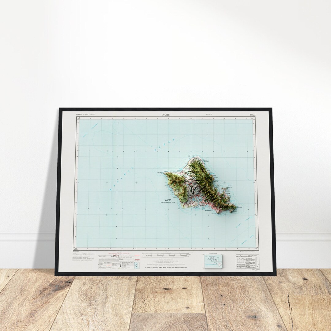 Oahu Hawaii Map - Shaded Relief Print, Topographic Art, Wall Decor for ...