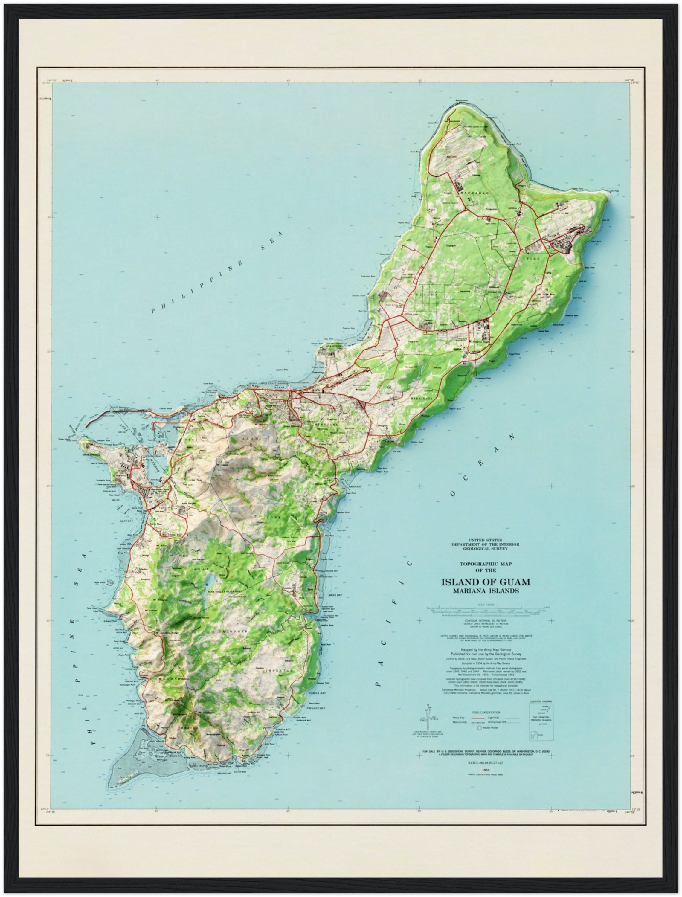 Guam Topography Map – Vintage Shaded Relief Print, Detailed Elevation ...