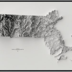 Massachusetts Elevation Map, Wall Art Topographic Print, Cartography ...
