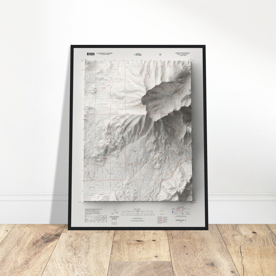 Humphreys Peak Relief Map – Topographic Shaded Elevation Print, Arizona ...