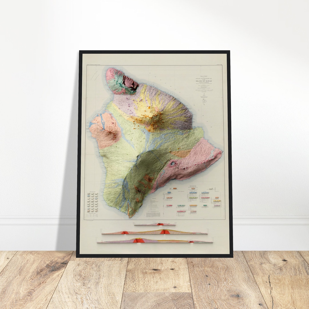 Island of Hawaii Map, Geology & Topography Relief, Wall Art Topographic ...
