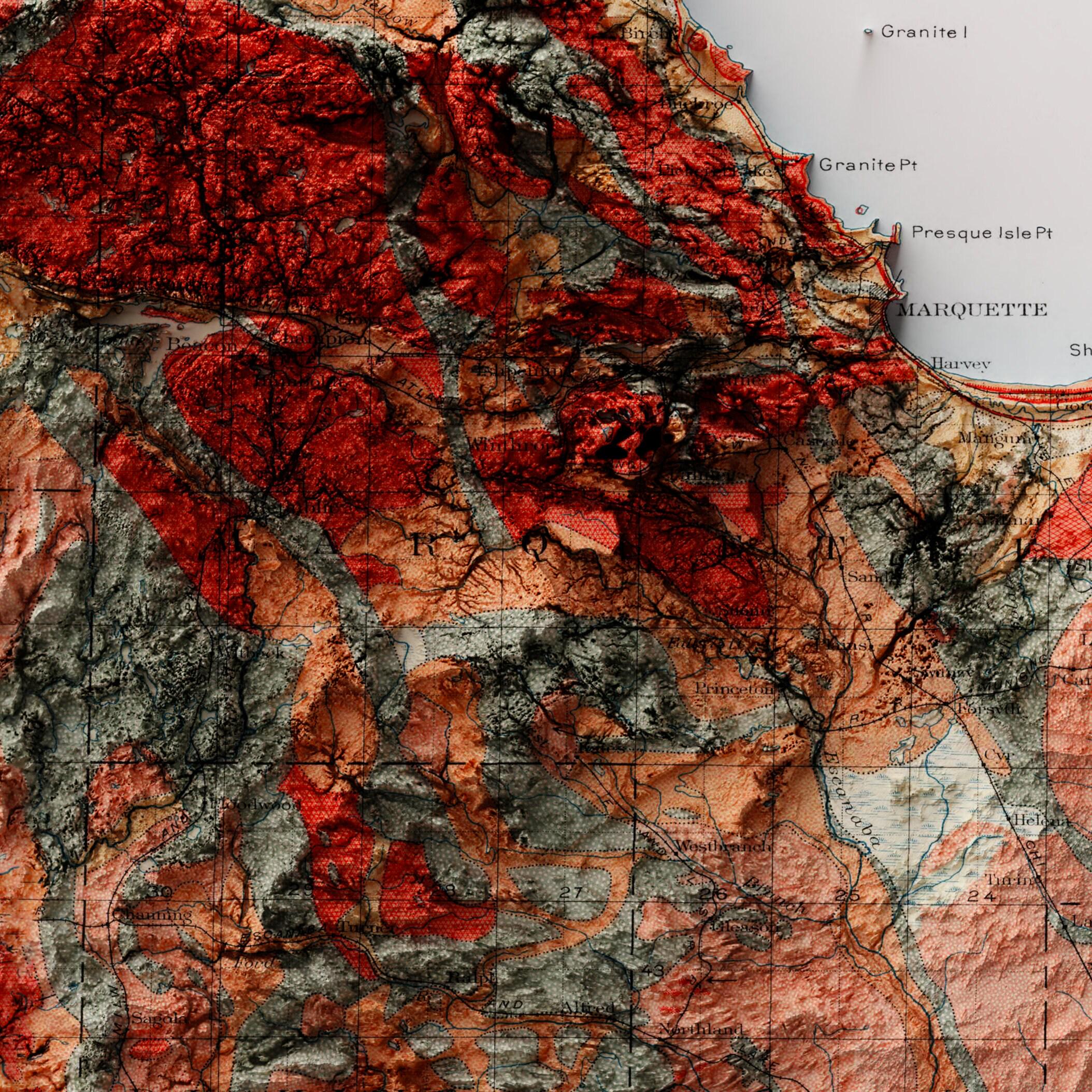 Upper Peninsula of Michigan Geology Map, Topographic Relief Print ...