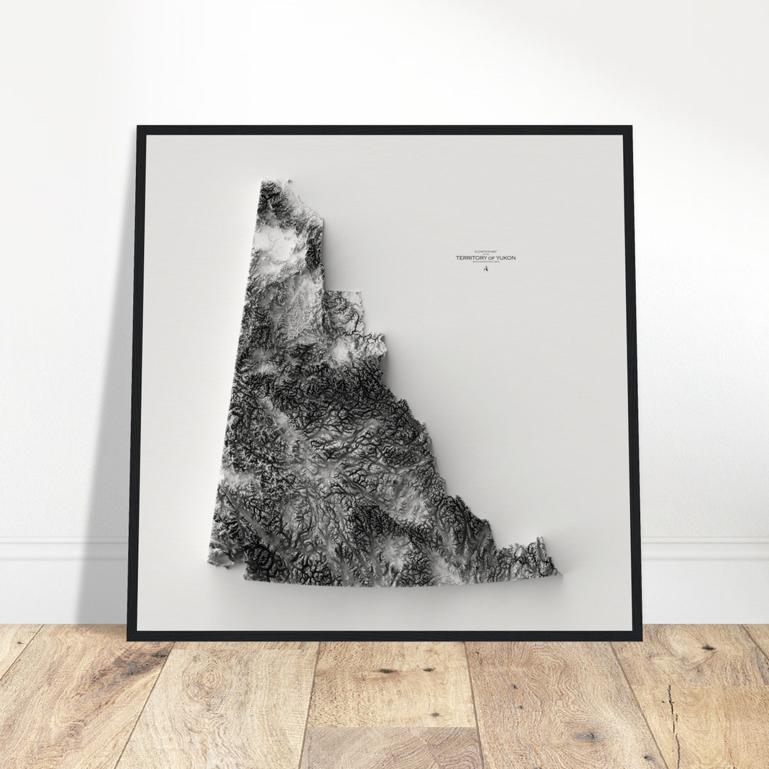 Yukon Elevation Map - Minimalist Black and White Wall Art, Topographic Shaded Relief Print ...