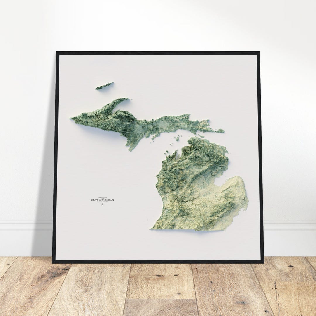 Elevation Map of Michigan, Wall Art Topographic Print, Cartography Art ...