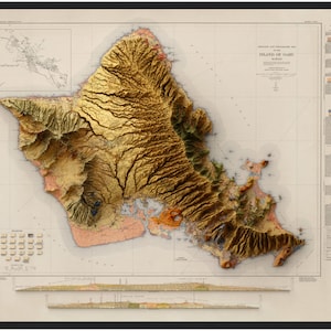 Oahu Hawaii Geology & Topographic Relief Map - Vintage Art, Unique ...