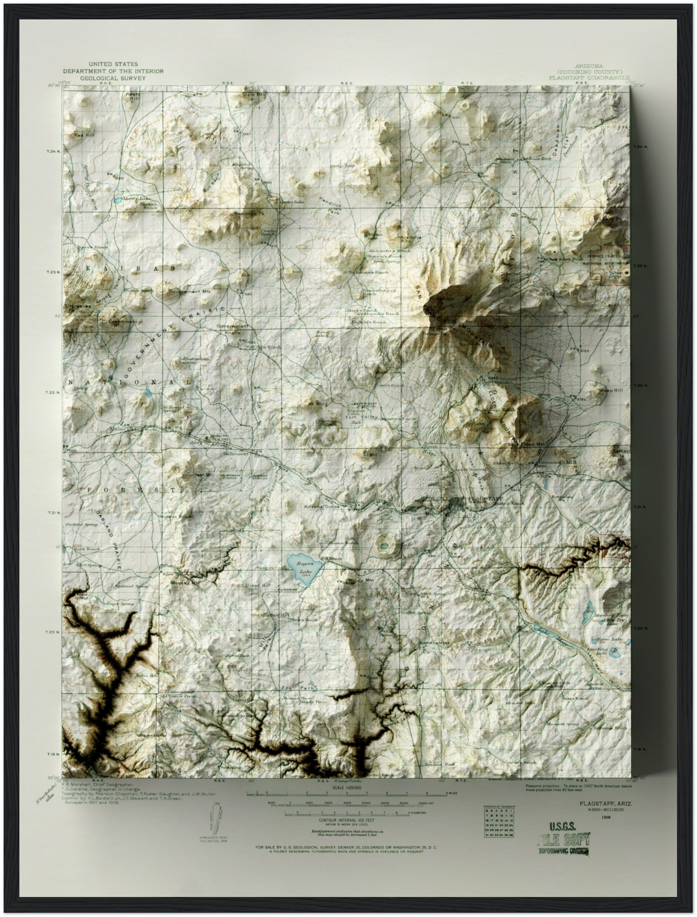 Flagstaff Arizona Map - Vintage Topographic Relief Print, Elevation Map ...