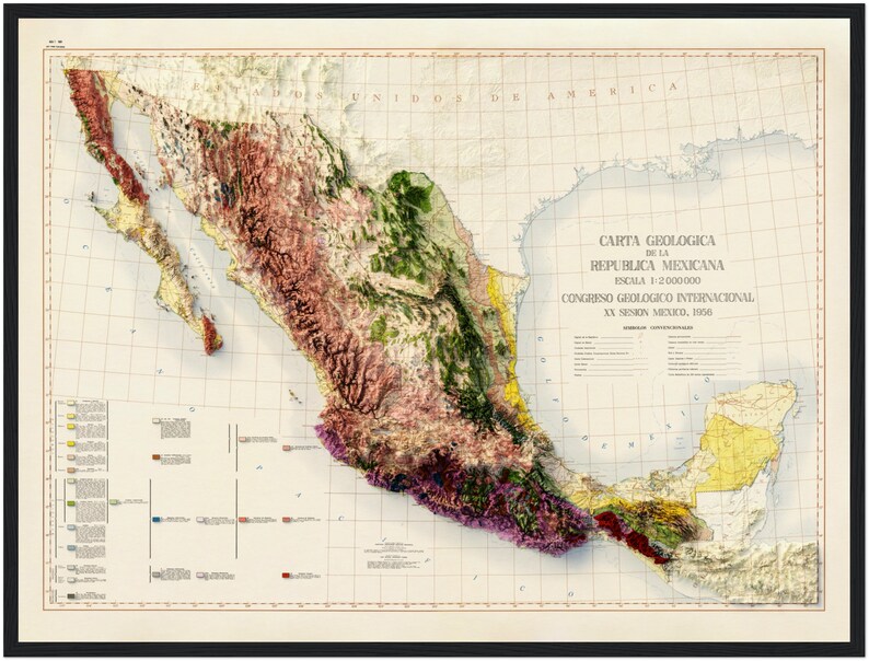 Mapa geológico de México: Impresión topográfica vintage en relieve para ...