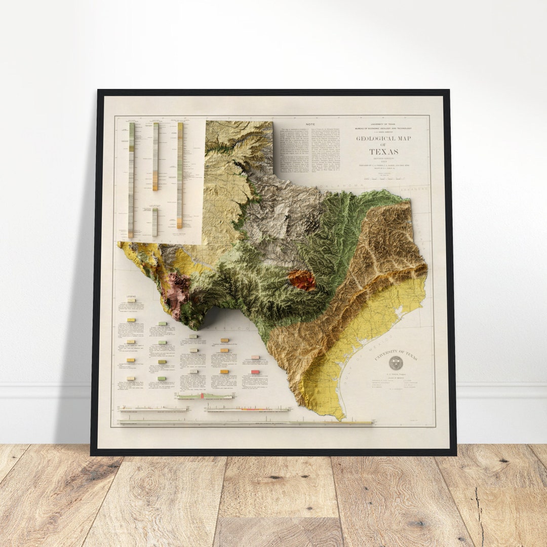 Texas Geology Map Topographical Relief Wall Art Poster, Unique Home ...