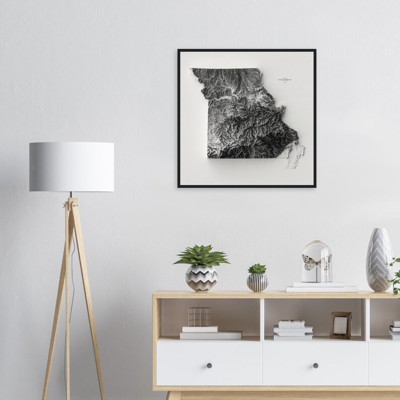 Missouri Elevation Map - Minimalist Black and White Topographic Wall ...