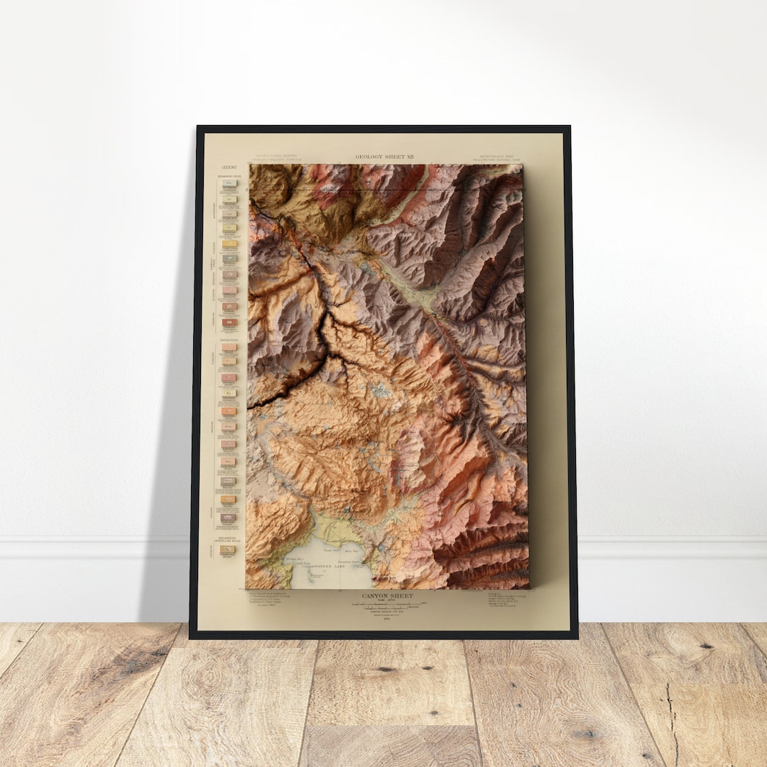 Yellowstone Geology Map – Vintage Canyon Sheet Relief Print ...