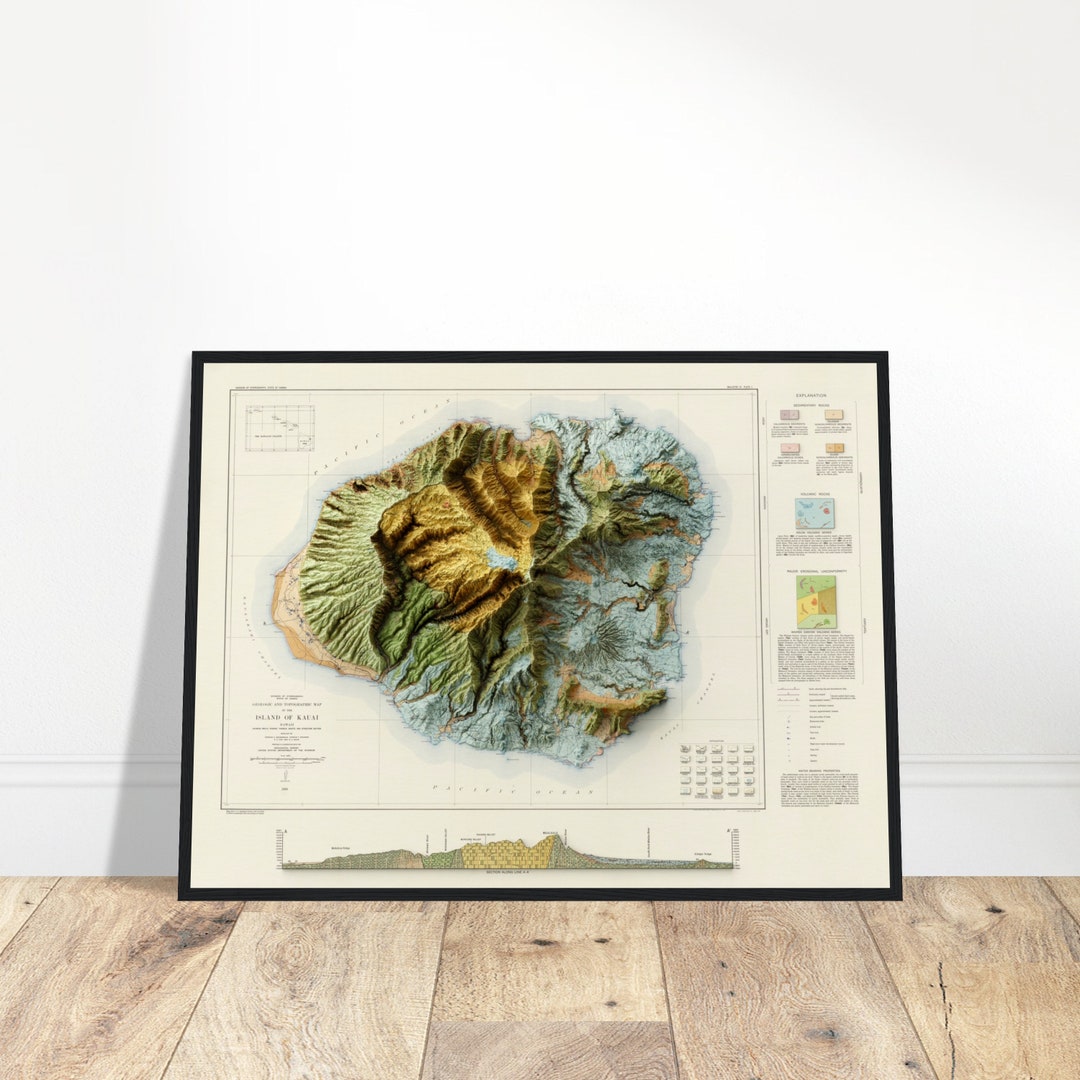 Kauai Hawaii Geological and Topographic Map - Wall Art, Topography ...