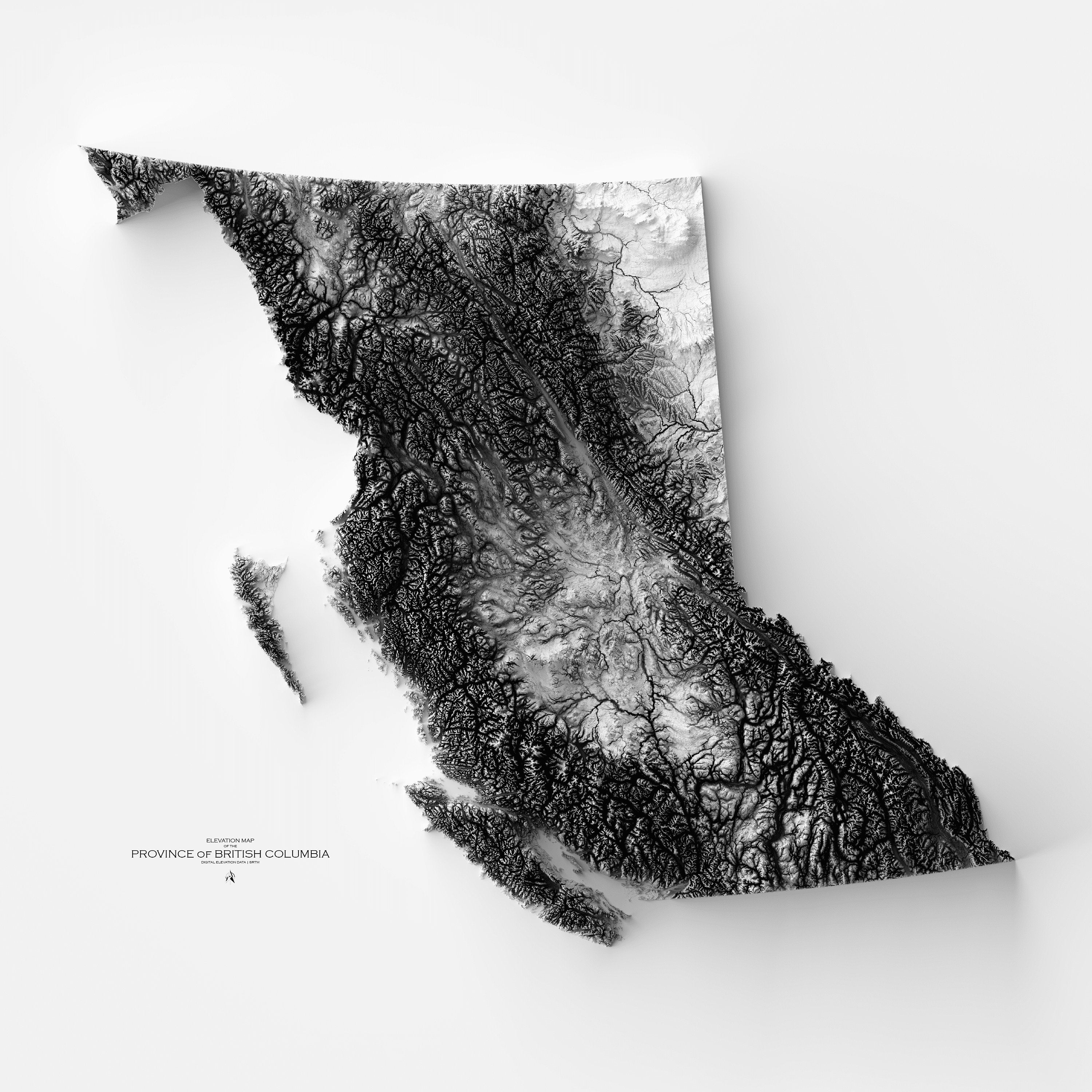 British Columbia Elevation Map - Minimalist Black and White Wall Art ...