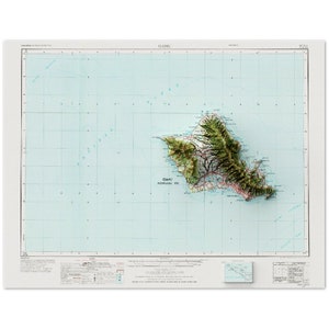 Oahu Hawaii Map Shaded Relief Print, Topographic Art, Wall Decor for ...