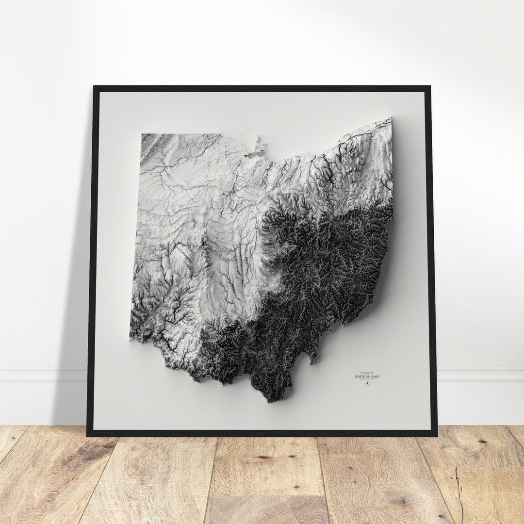 Ohio Elevation Map - Minimalist Black and White Topographic Wall Art ...