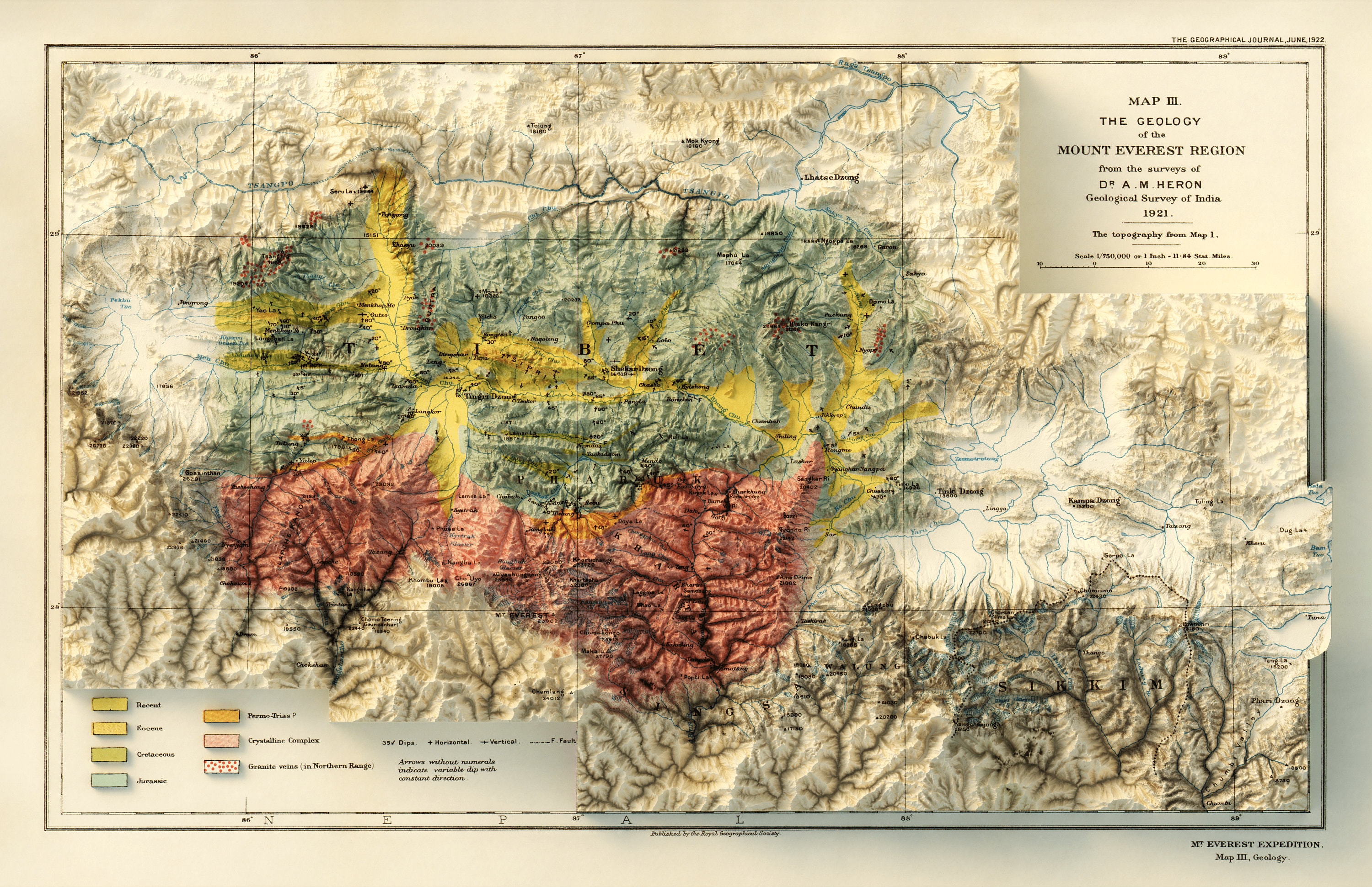 Mount Everest Region Vintage Geology Map – Historic Topographic Relief ...