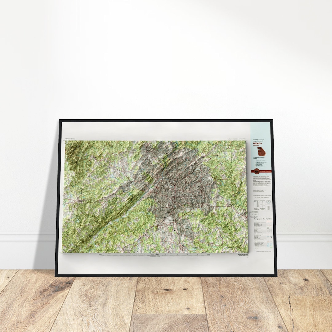 Atlanta Georgia Map - Topographic Relief Wall Art, Vintage Style Home ...