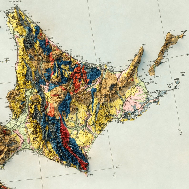 Japan, Korea, and Taiwan Geology Map - Vintage Topographic Relief Print ...