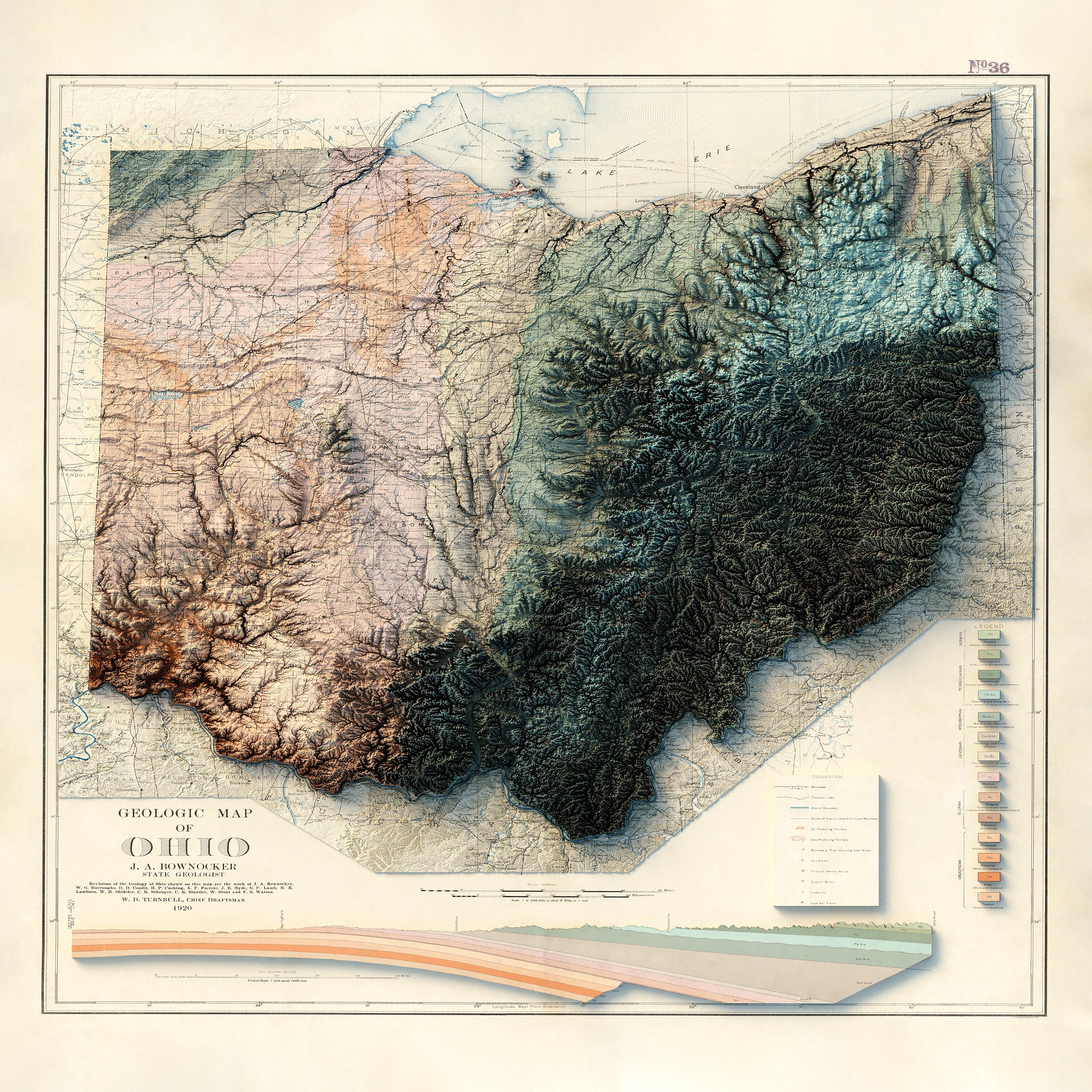Ohio Geology Map – Topographic Relief Map Art, Vintage Cartography ...