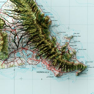 Oahu Hawaii Map Shaded Relief Print, Topographic Art, Wall Decor for ...