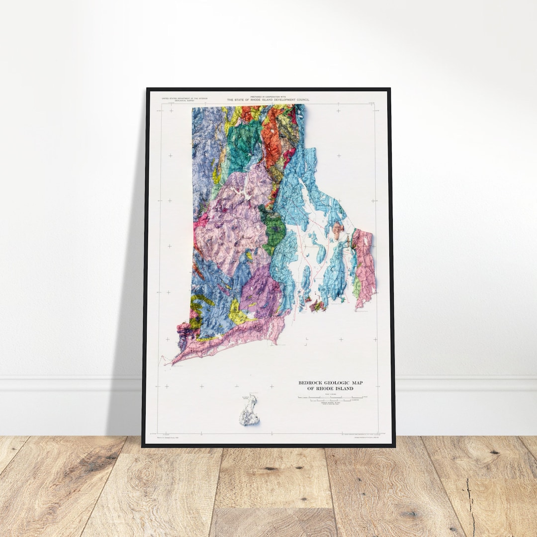 Rhode Island Geology Map, Detailed Relief, Home & Office Wall Decor for ...