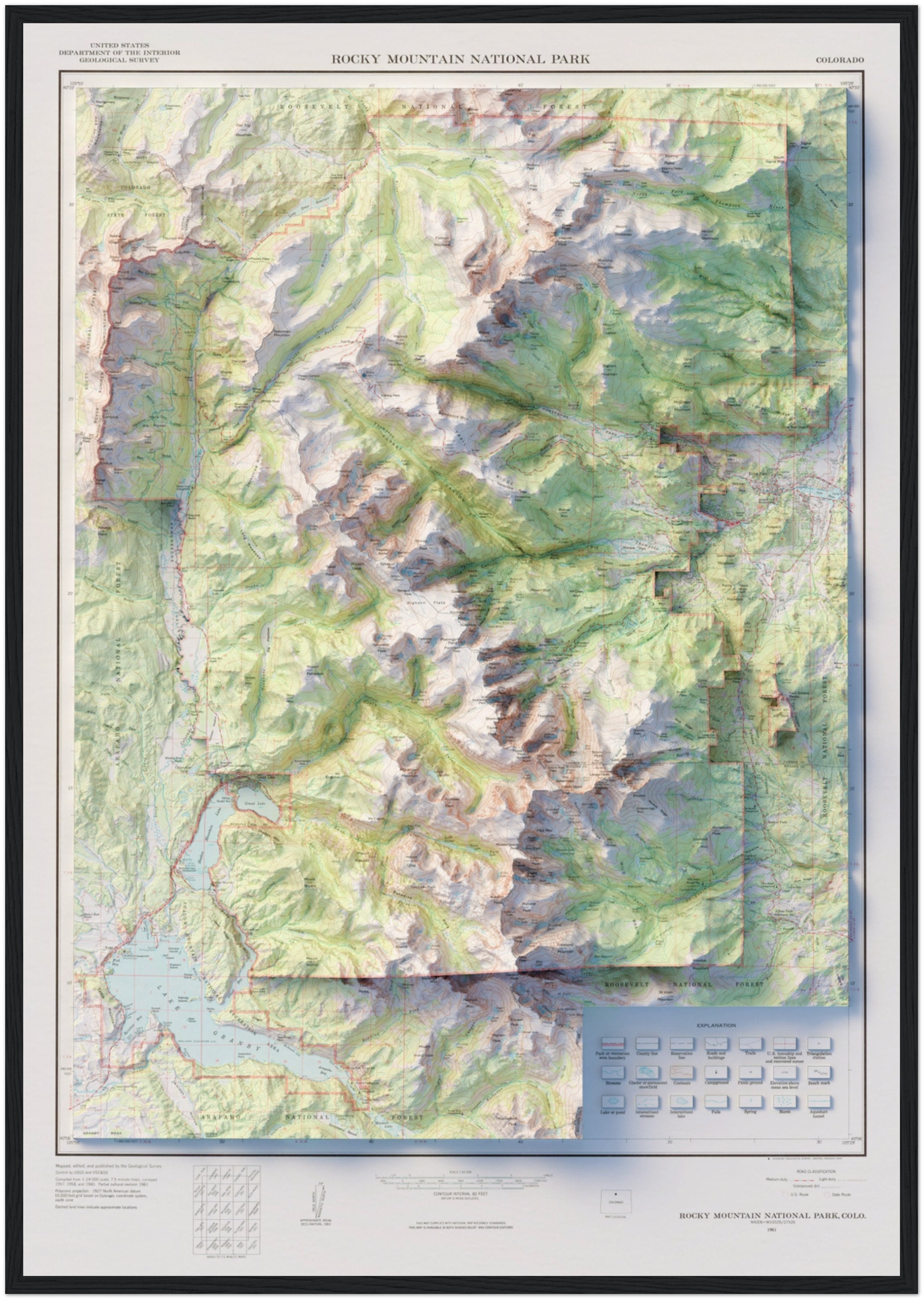 Rocky Mountain National Park Map – Vintage Topographic Relief Print for ...