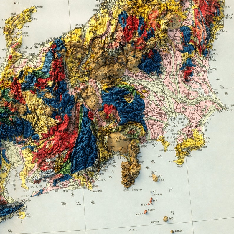 Japan, Korea, and Taiwan Geology Map - Vintage Topographic Relief Print ...