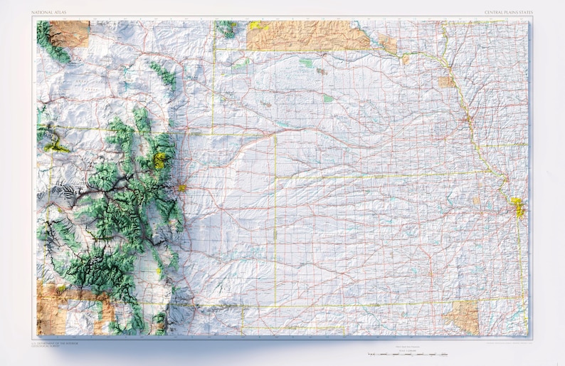 Central Plains States Map – Vintage Topographic Relief Print, Regional ...