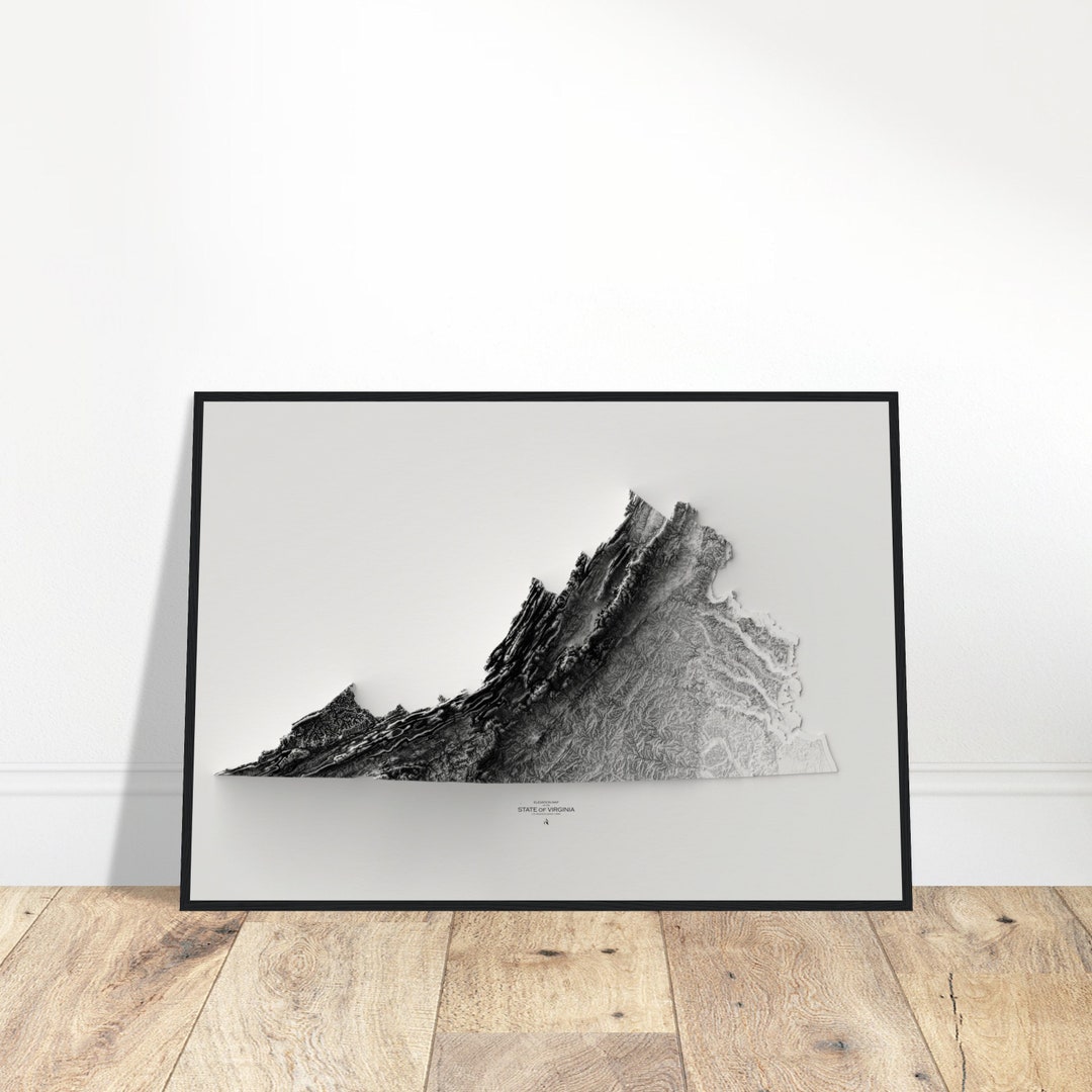 Virginia Elevation Map, Wall Art Topographic Print, Cartography Art ...