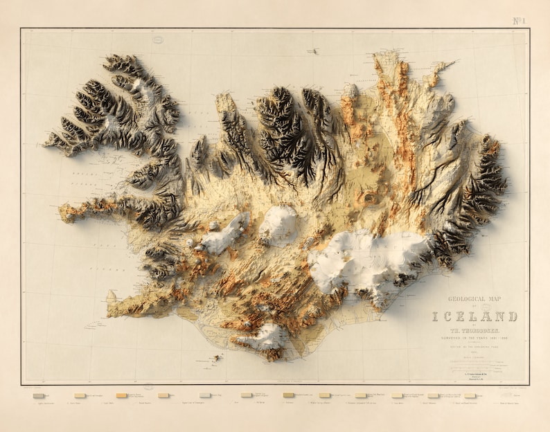 Geological Map of Iceland – Vintage Topographic Relief Print, Detailed ...