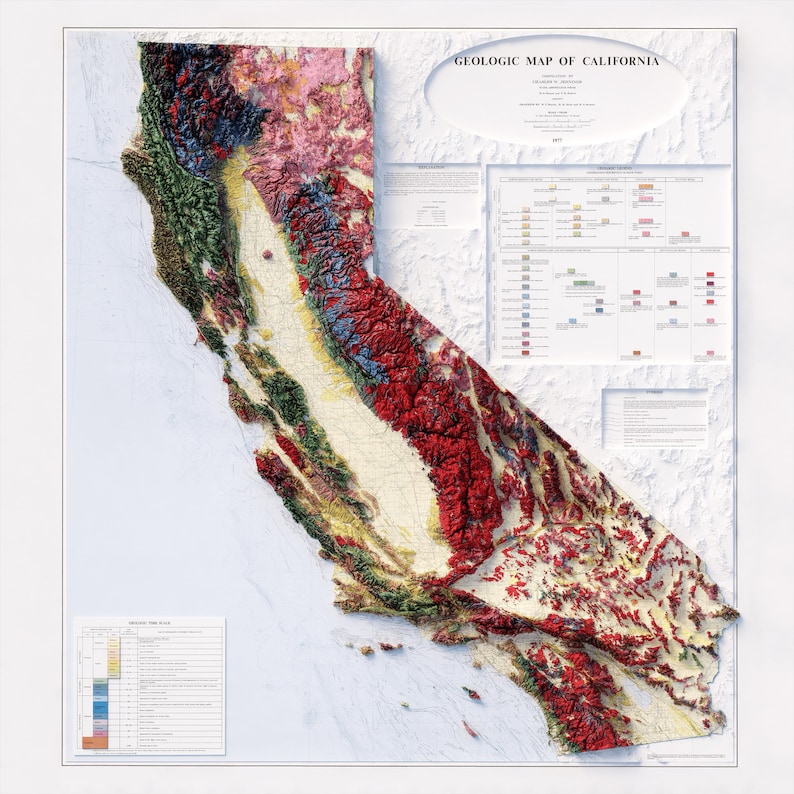 Map of California Geology, Topographic Relief Topo Map Print, Vintage ...