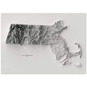 Massachusetts Elevation Map, Wall Art Topographic Print, Cartography ...